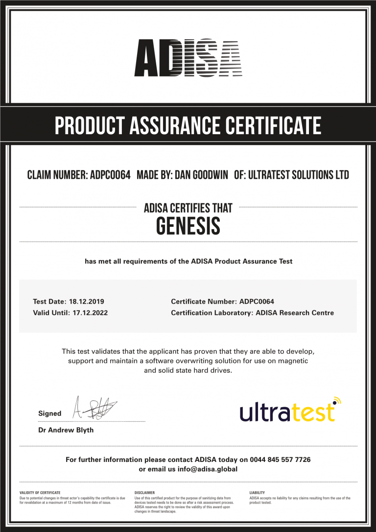 Genesis first to gain ADISA Product Assurance Certification - Ultratec